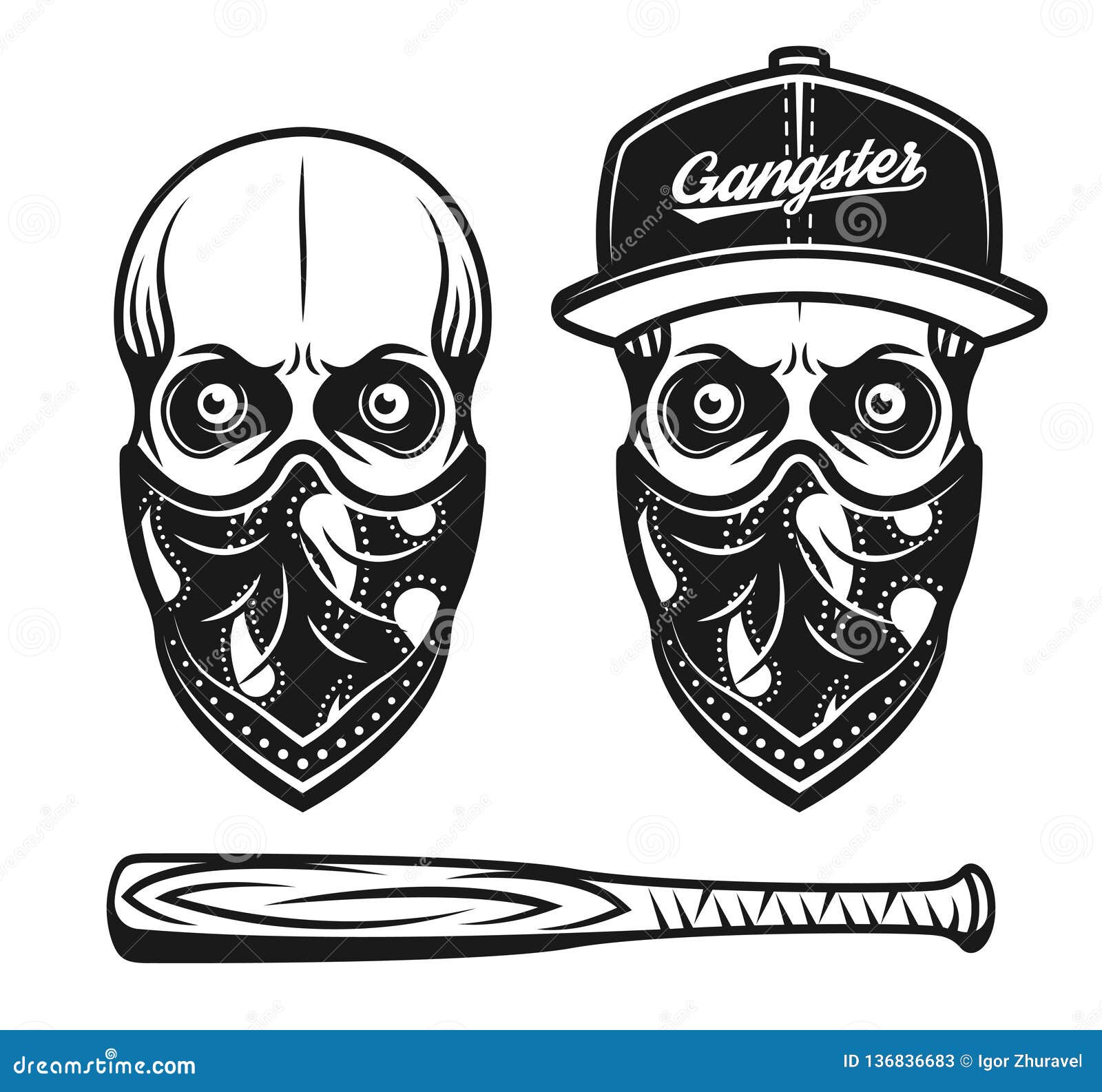 Gangster Skull in Baseball Cap and Bandana on Face Stock Vector ...