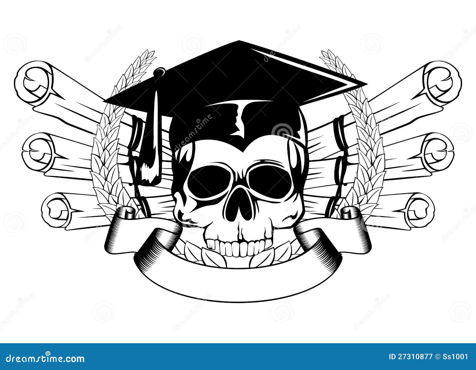 Skull in Graduation Cap and Scrolls Stock Vector - Illustration of ...