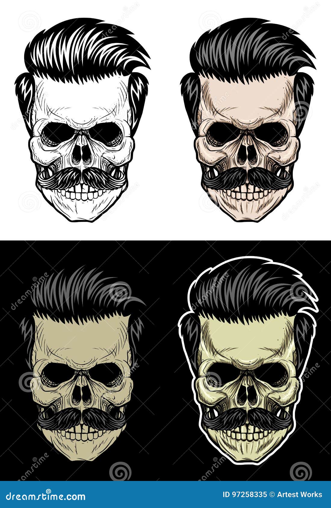Skull with Hair and Mustache Stock Vector - Illustration of retro ...