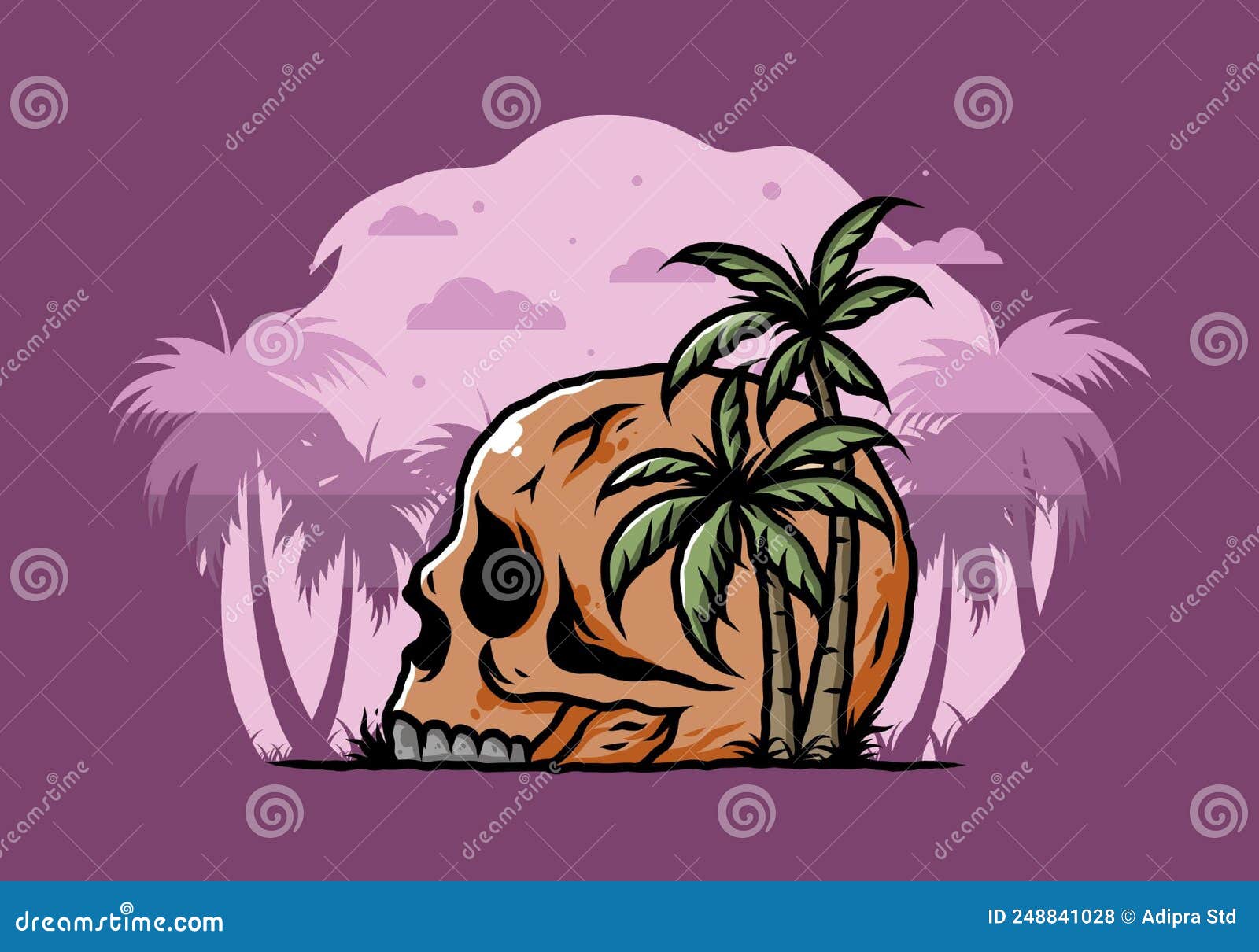 Skull Head Under Coconut Trees Illustration Stock Vector - Illustration ...