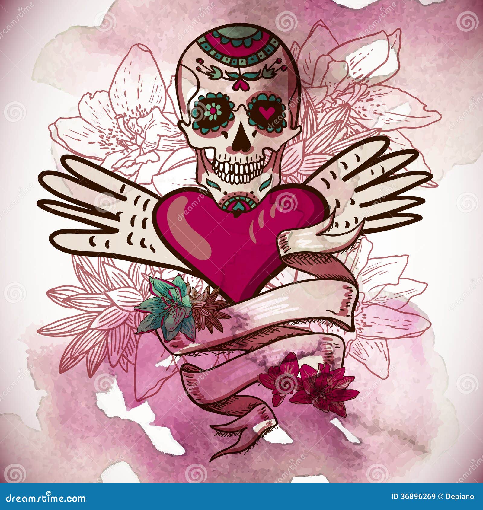 Skull, Hearts and Flowers Vector Illustration Stock Vector ...