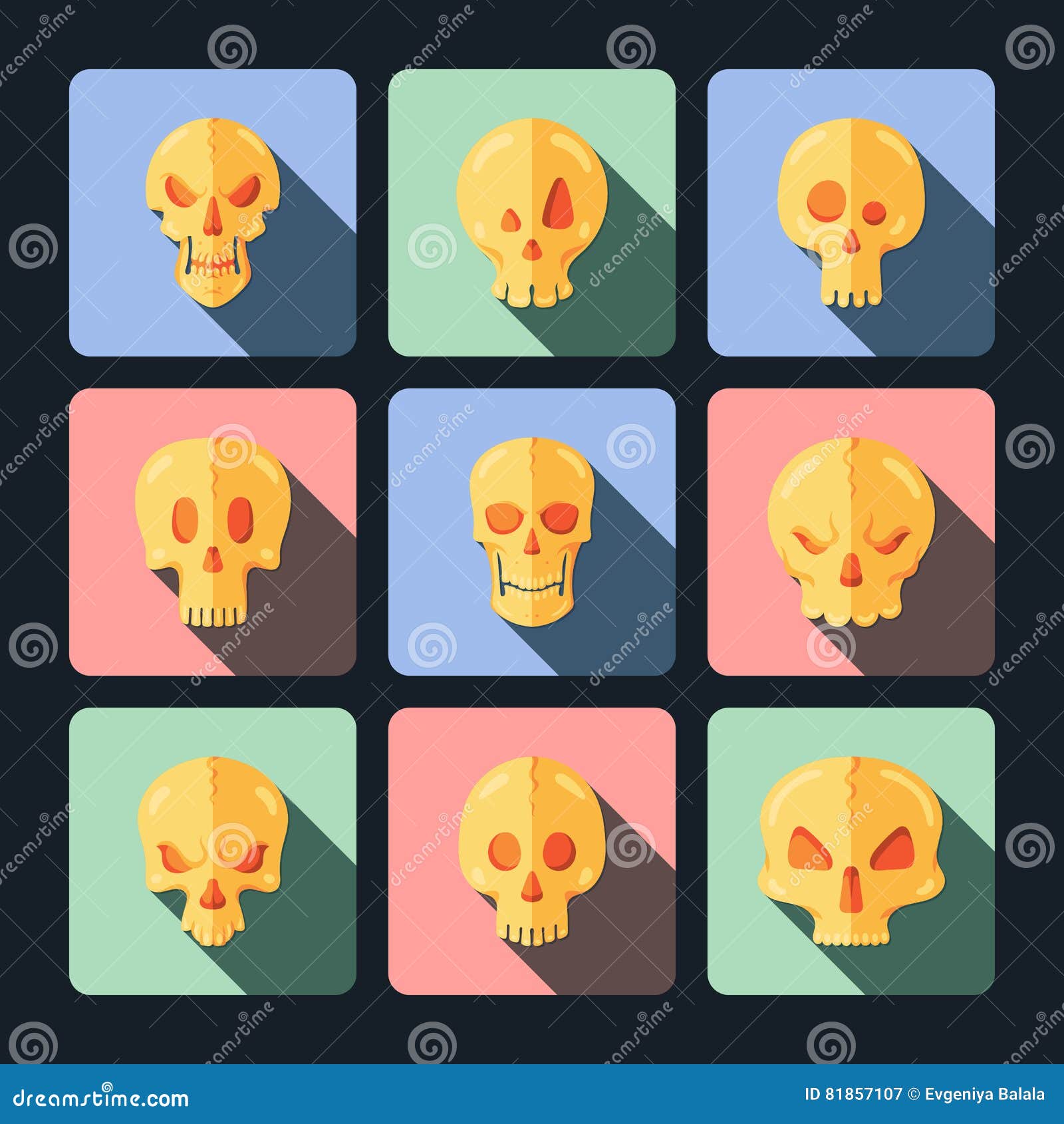 Skull Icon Set in a Flat Style. Stock Vector - Illustration of gothic ...