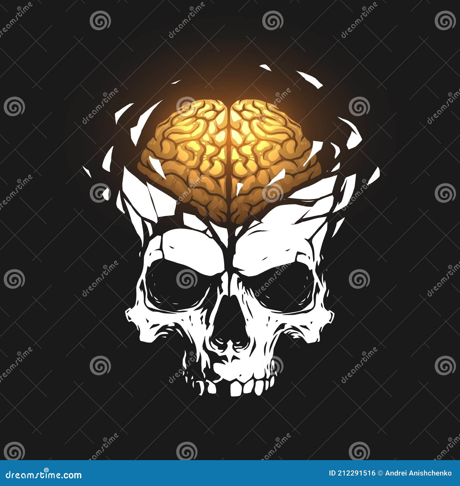Skull Illustration with Gold Brain Stock Vector - Illustration of evil ...