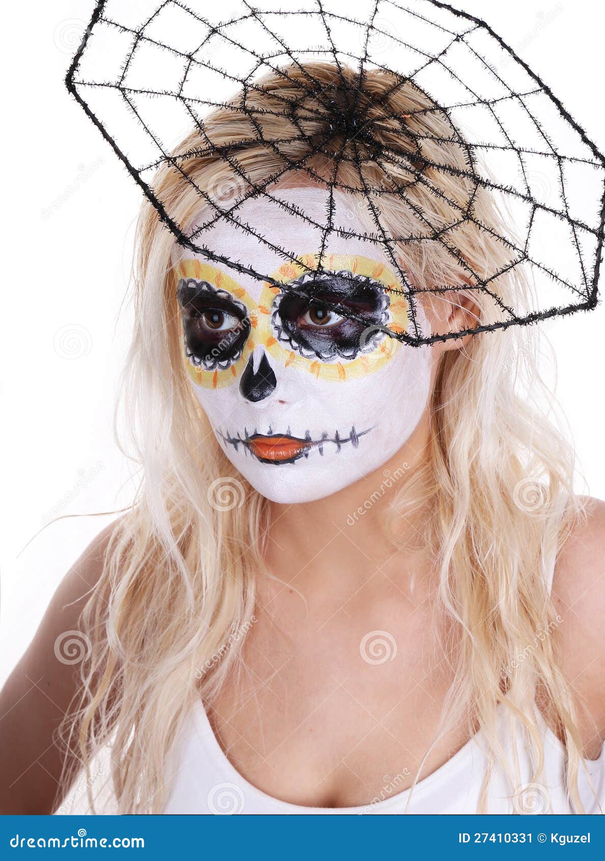 Skull Makeup on Young Girl with Cobweb on Her Head Stock Image - Image ...