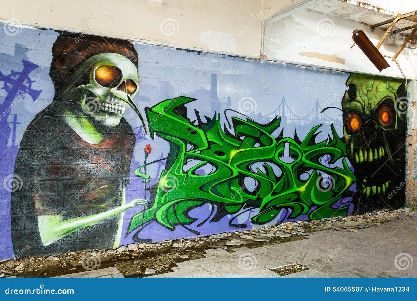 Skull Monster Graffiti in an Abandoned Factory Building. Editorial ...