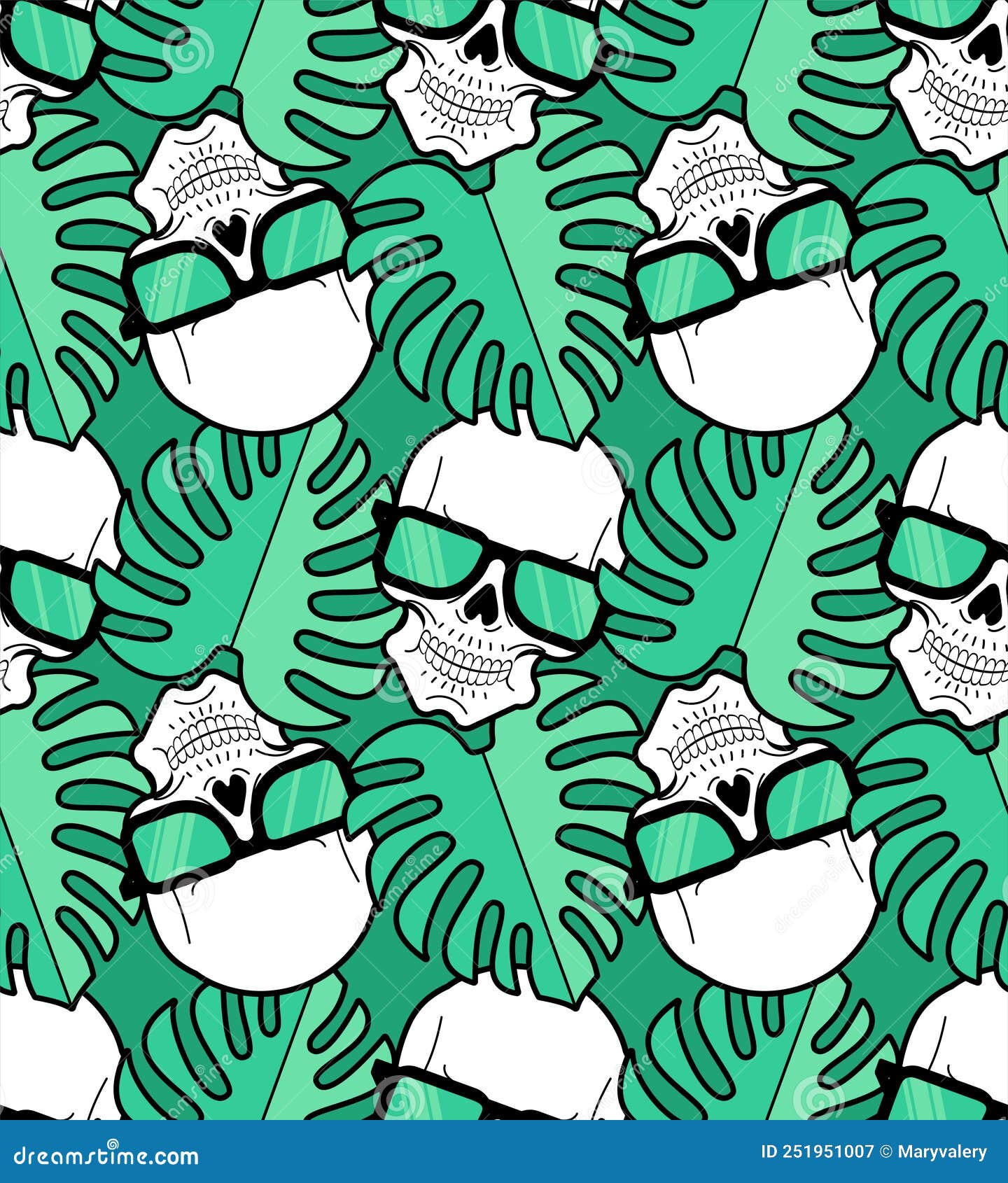 Skull and Monstera Pattern Seamless. Skeleton Head and Tropical Leaves ...
