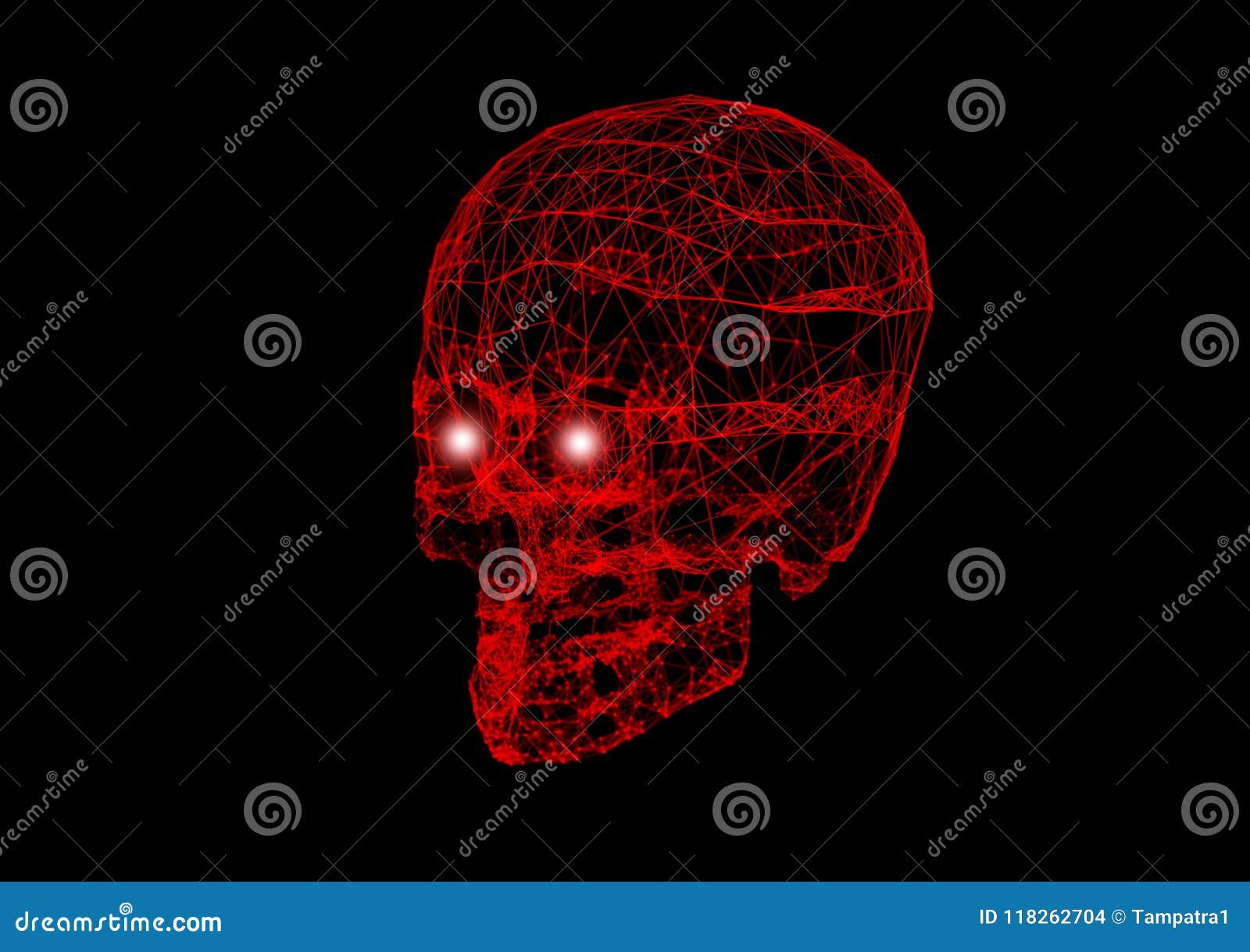 Skull with Network Connection Red Lines on Black Background Stock ...