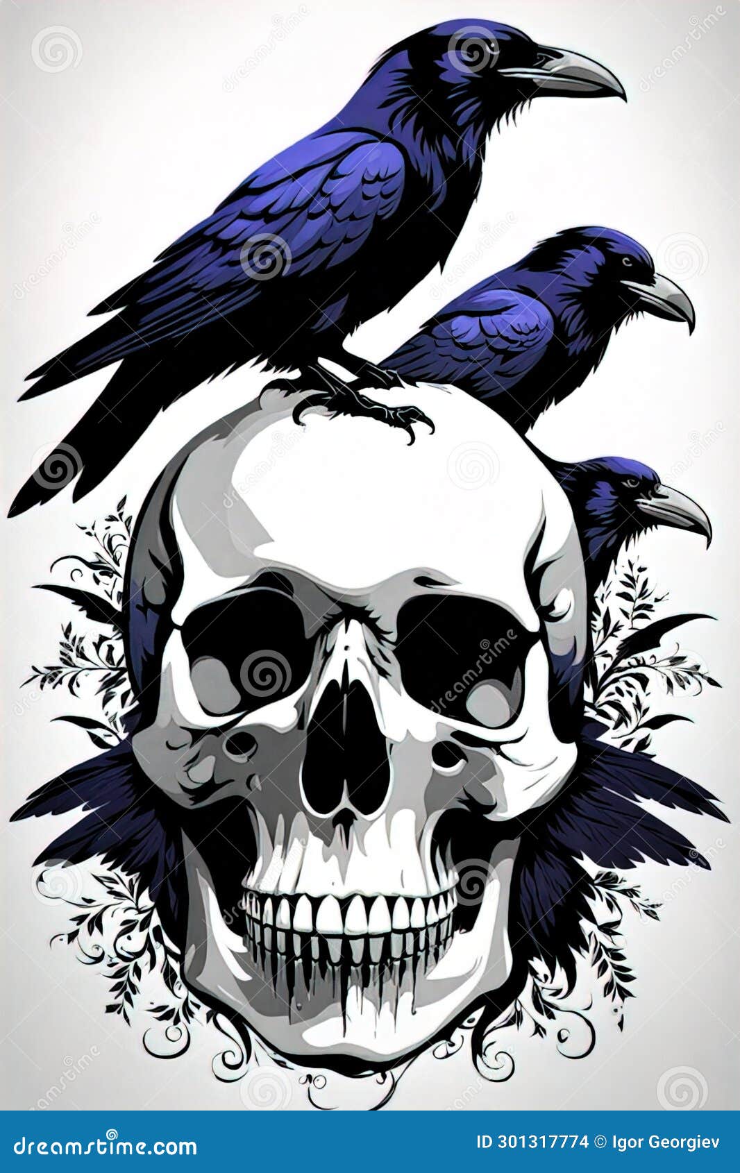 Skull and Ravens stock illustration. Illustration of skeleton - 301317774