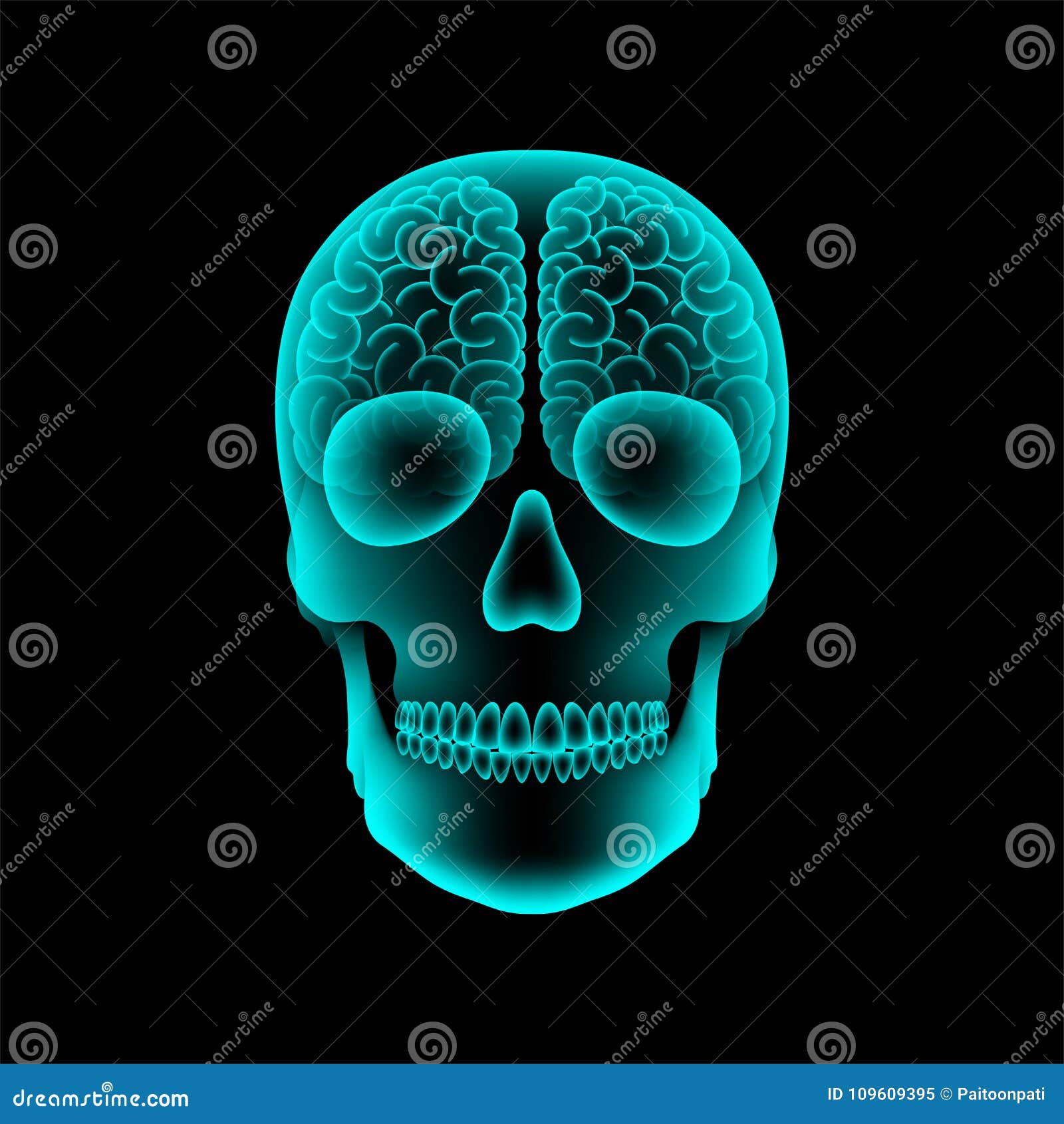 Skull X-ray with Brain Concept Design, Front View Illustration Stock ...