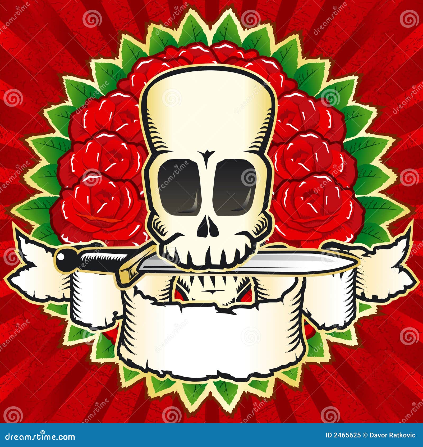 Skull And Roses. Dead Skeleton Head And Red Flowers, Hand Drawn Gothic ...