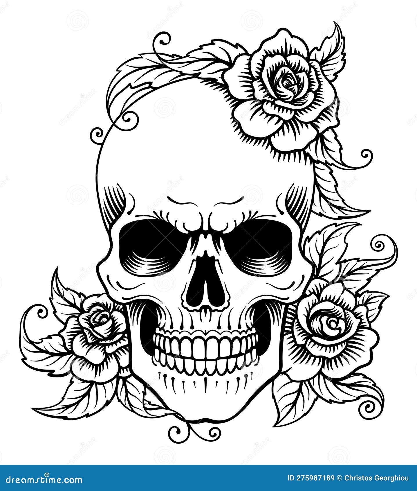 Skull Roses Engraved Woodcut Etching Tattoo Design Stock Vector