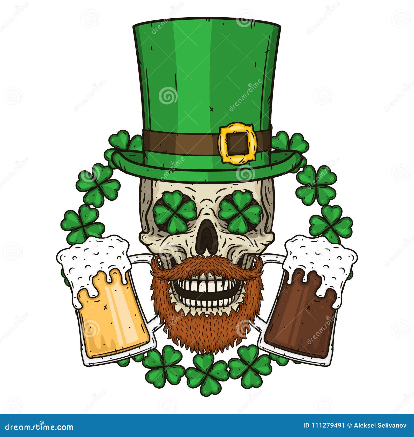 The Skull of Saint Patrick`s with Green Hat and Clover Leaves. Irish ...