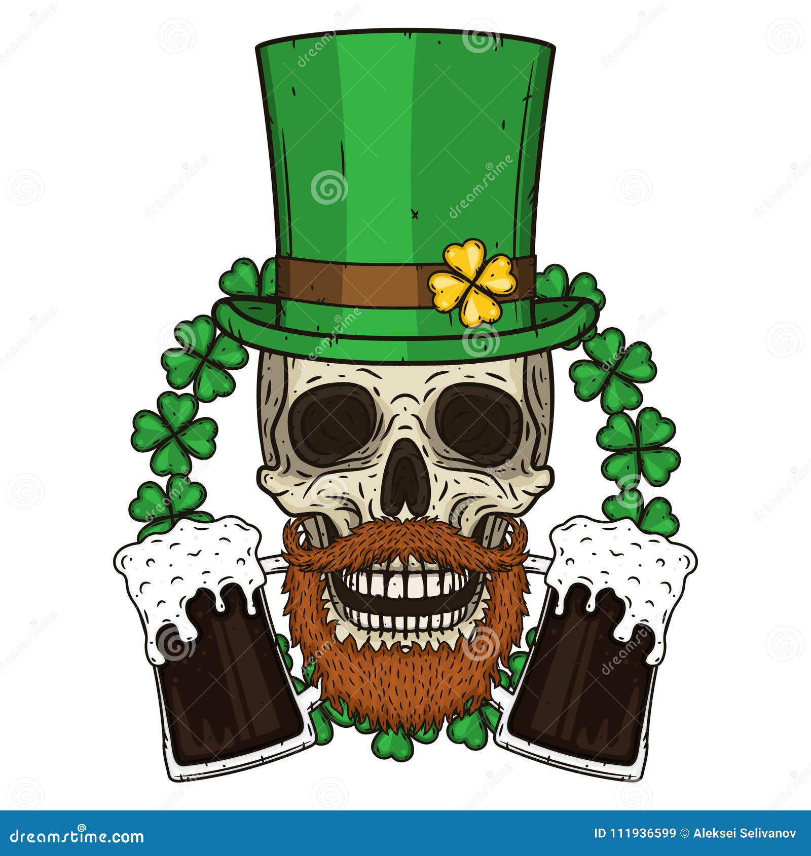 The Skull of Saint Patrick`s with Green Hat and Clover Leaves. Irish ...