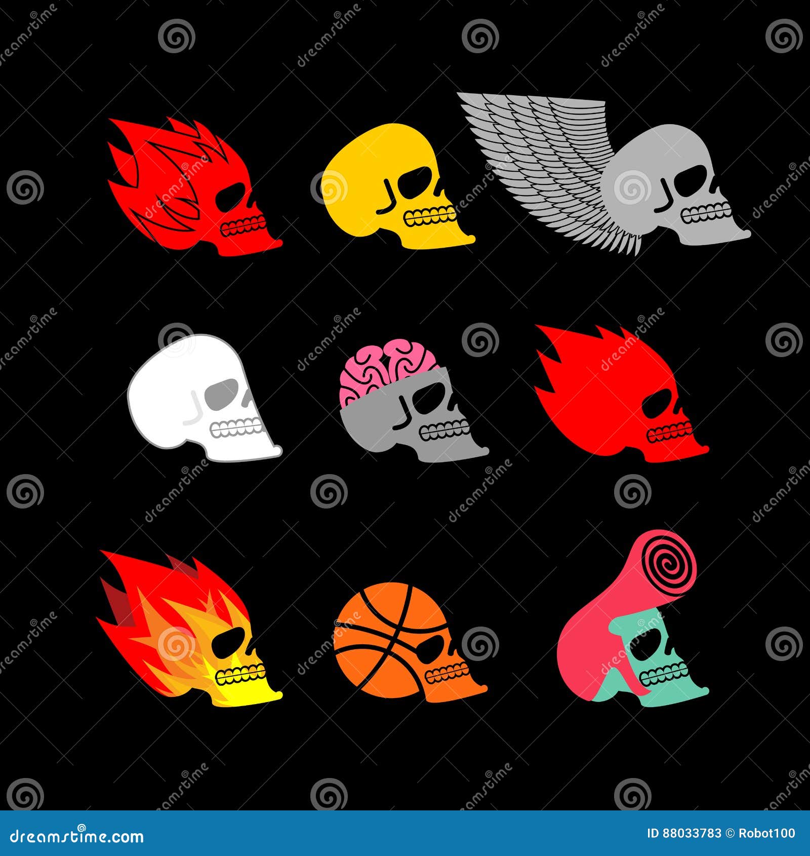Skull Set Emblem. Head of Skeleton and Fire Logo Stock Vector ...