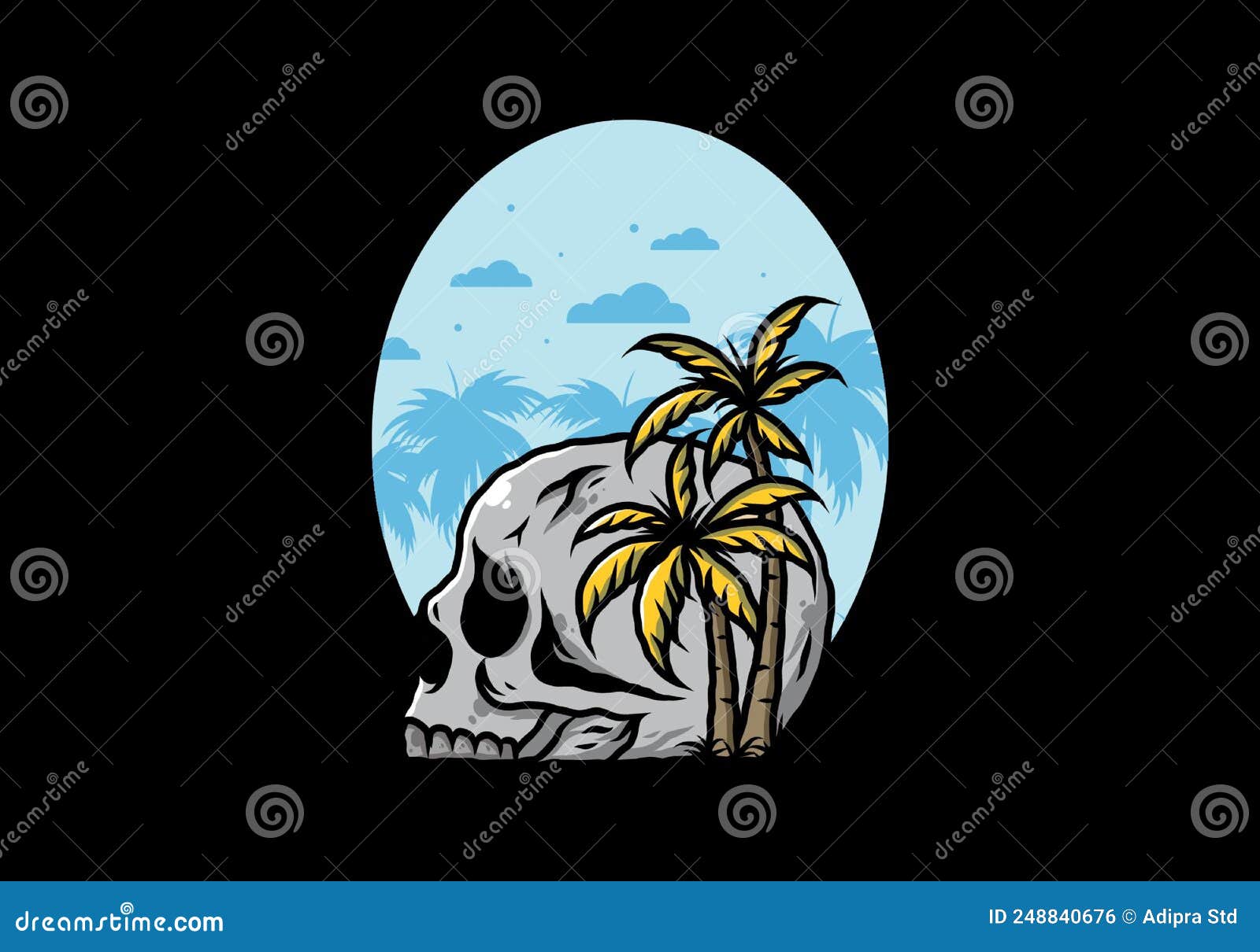 Skull Head Under Coconut Trees Illustration Stock Vector - Illustration ...