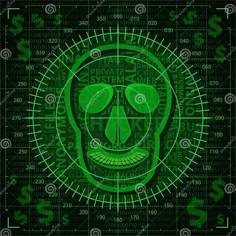 Skull Target with Hacker Related Words on Binary Code Background Stock ...