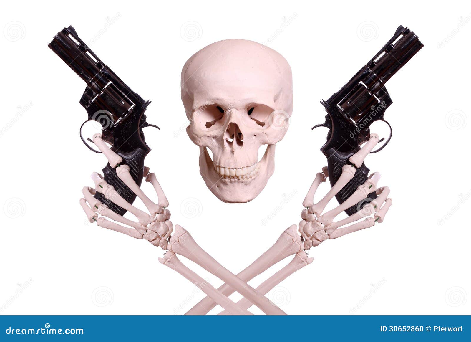 Skull with Two Skeleton Hands Holding Guns Stock Photo - Image of ...