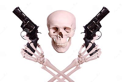 Skull with Two Skeleton Hands Holding Guns Stock Photo - Image of ...