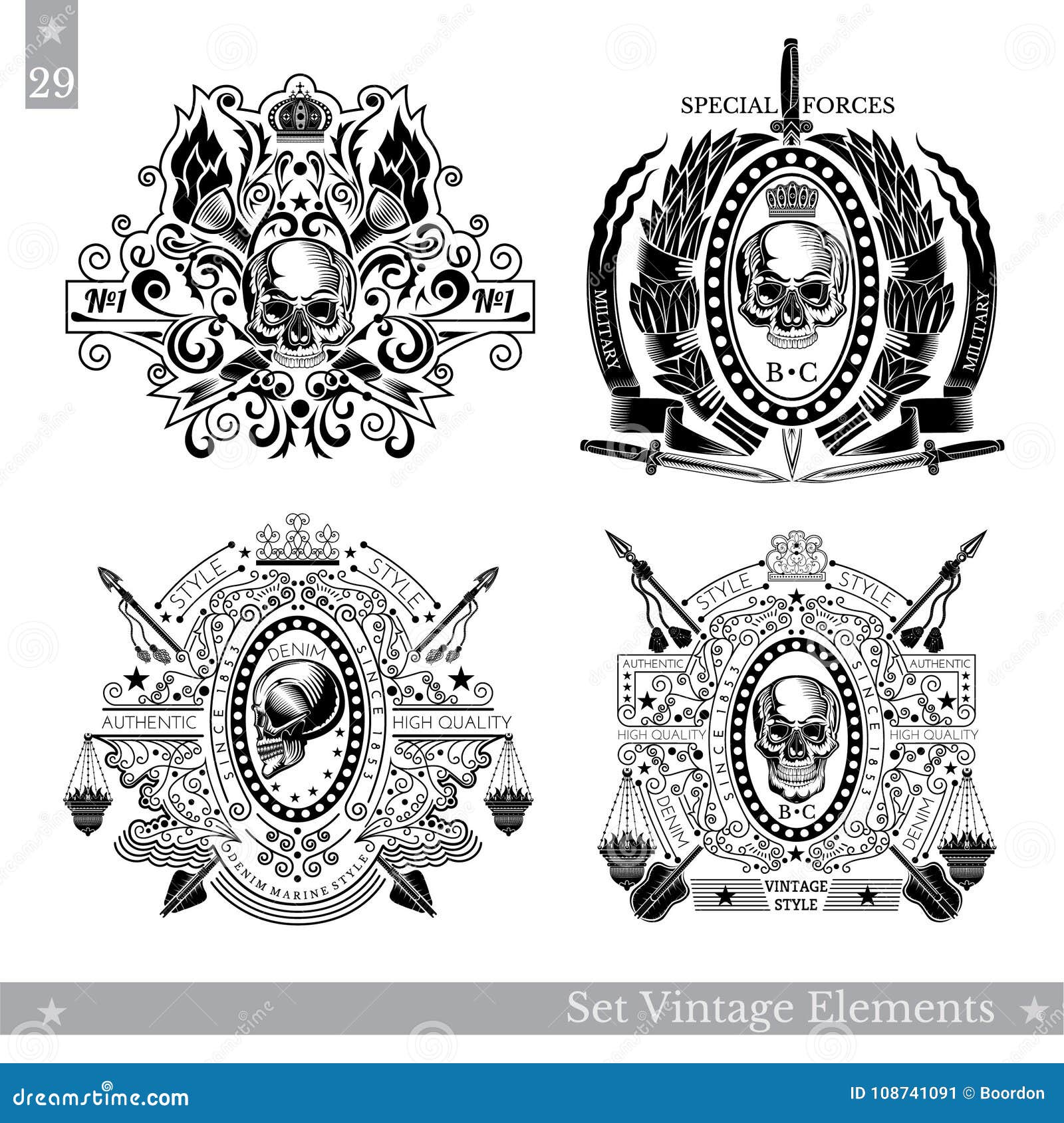 Skull with Vintage Elements, Weapon and Pattern. Set of Vintage Banners ...