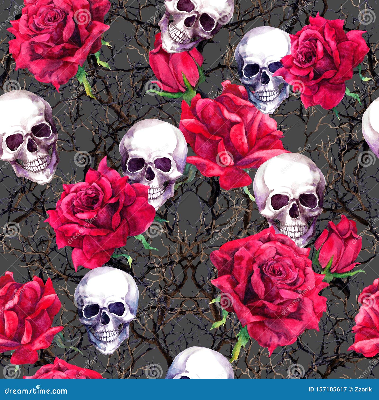Skulls, Rose Flowers and Branches. Repeating Pattern. Watercolor for ...