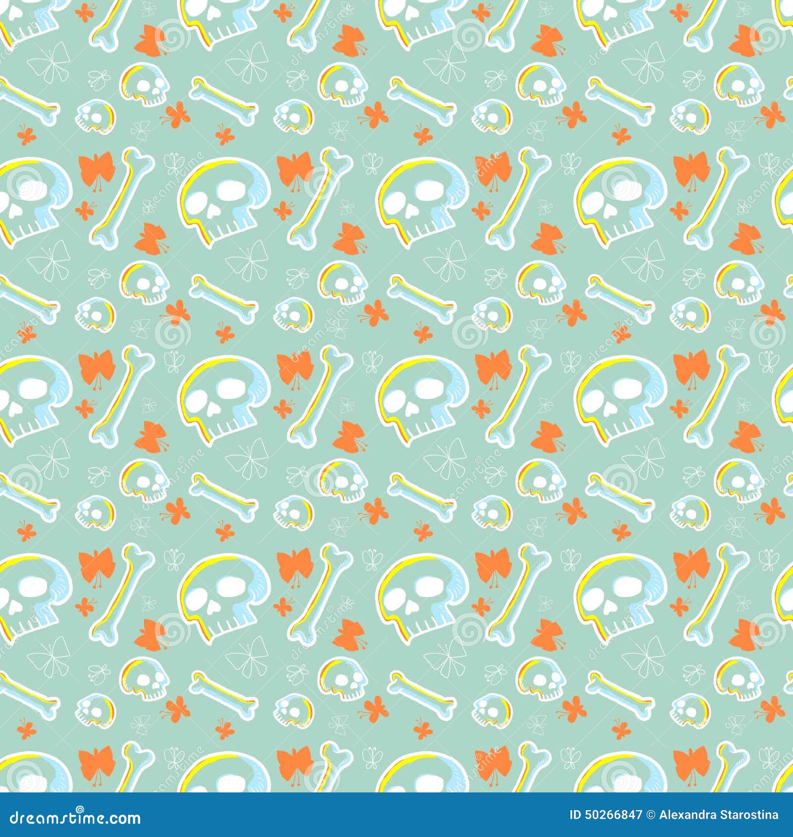Skulls Seamless Pattern with Light Green Background Stock Illustration ...