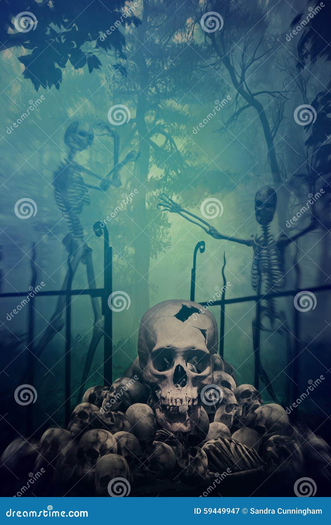 Skulls and Skeletons in Graveyard Stock Image - Image of black, scene ...