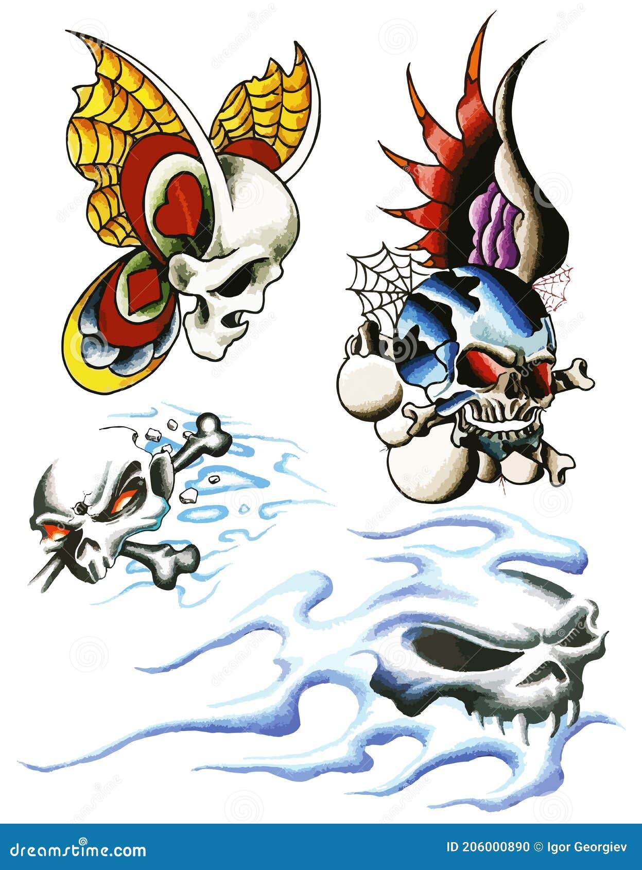 Skulls Tattoo Set. Set of Labels and Elements. Vector Set Illustration ...