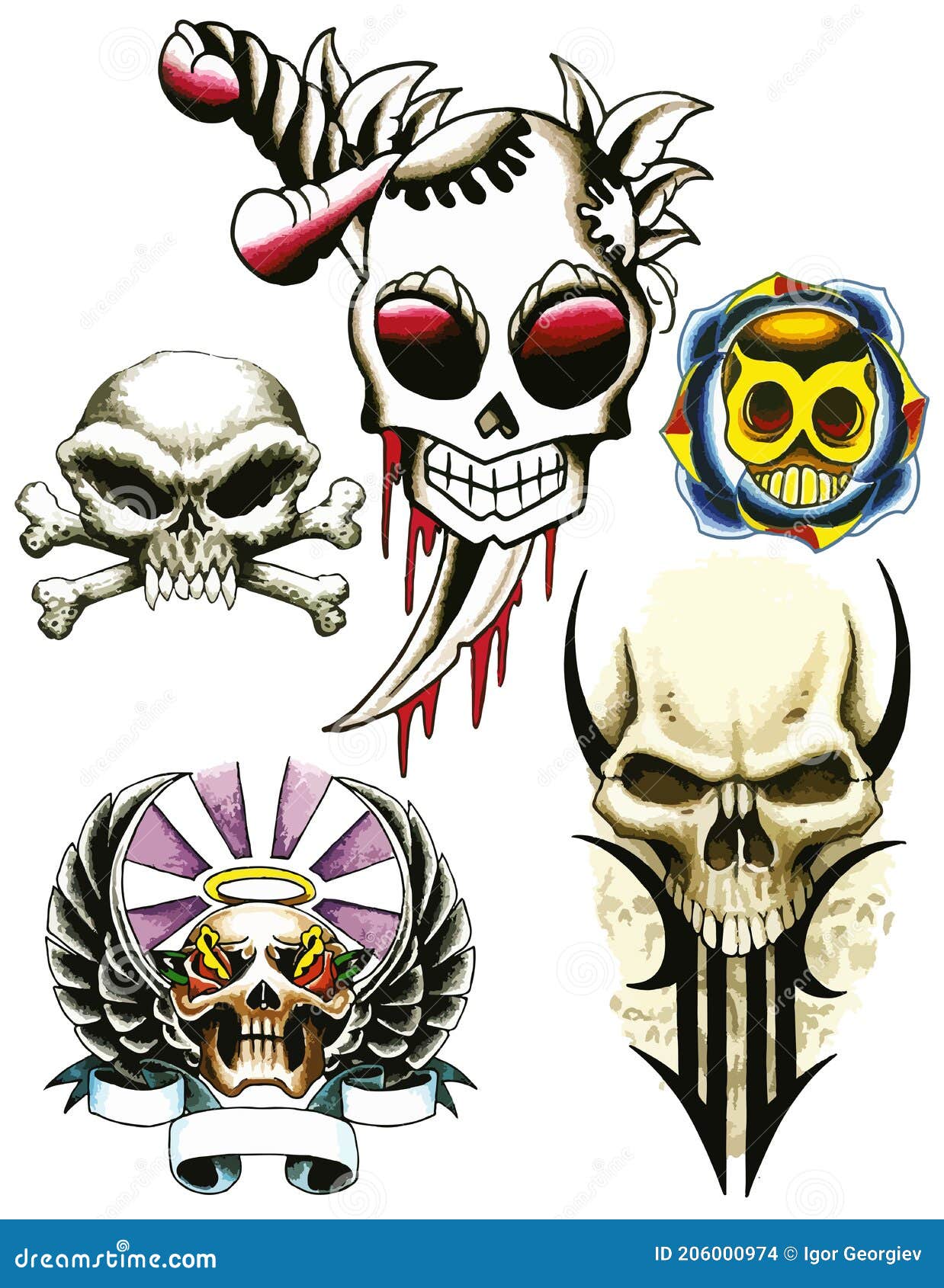 Skulls Tattoo Set. Set of Labels and Elements. Vector Set Illustration ...