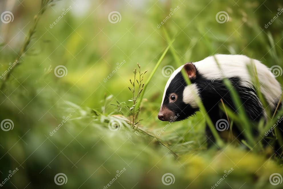 Skunk Foraging through Undergrowth with Just Its Tail Visible Stock ...
