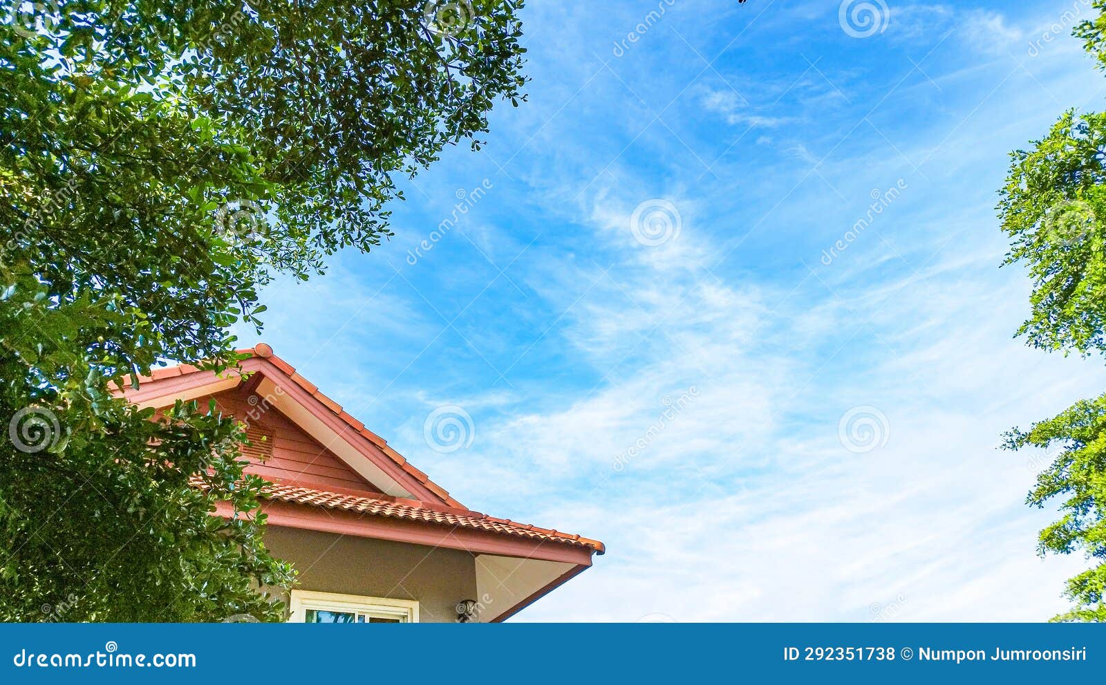 Sky Above House Roof with Tree Leaves Stock Photo - Image of roof ...