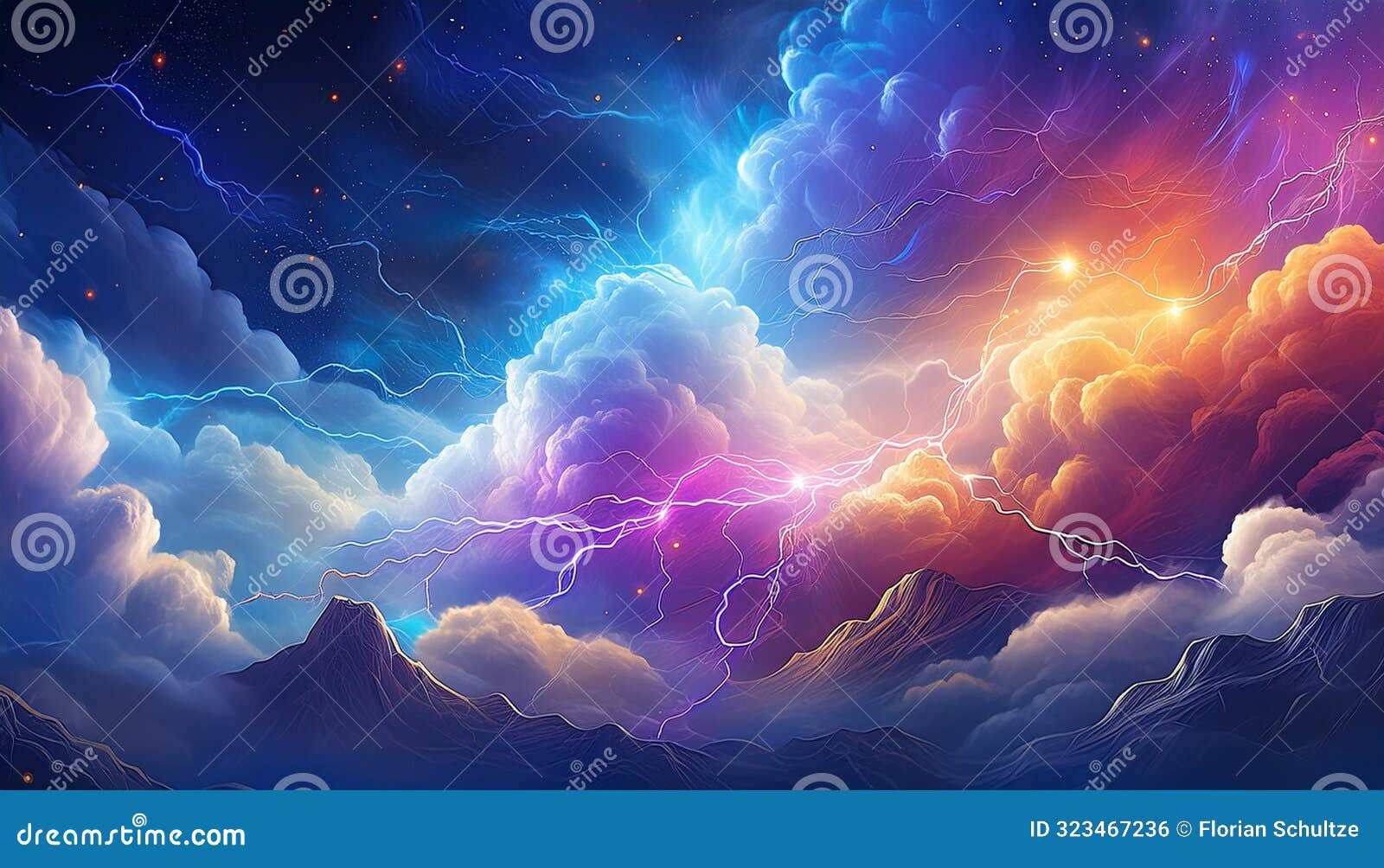 Sky, Abstract and Universe with Lightning in Clouds for Cosmic Storm ...