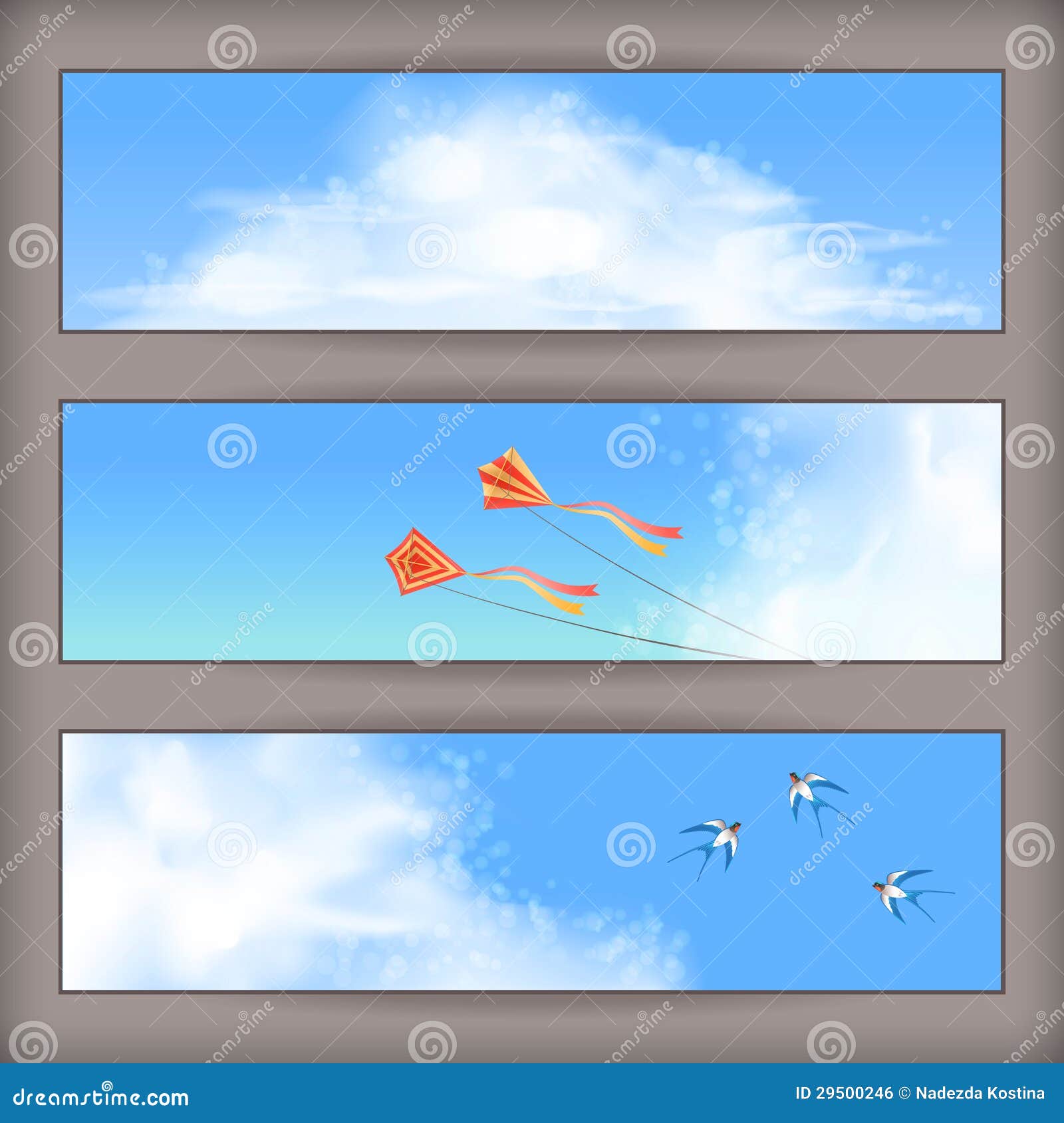Sky Banners: White Clouds, Flying Kites, Swallows Stock Vector ...