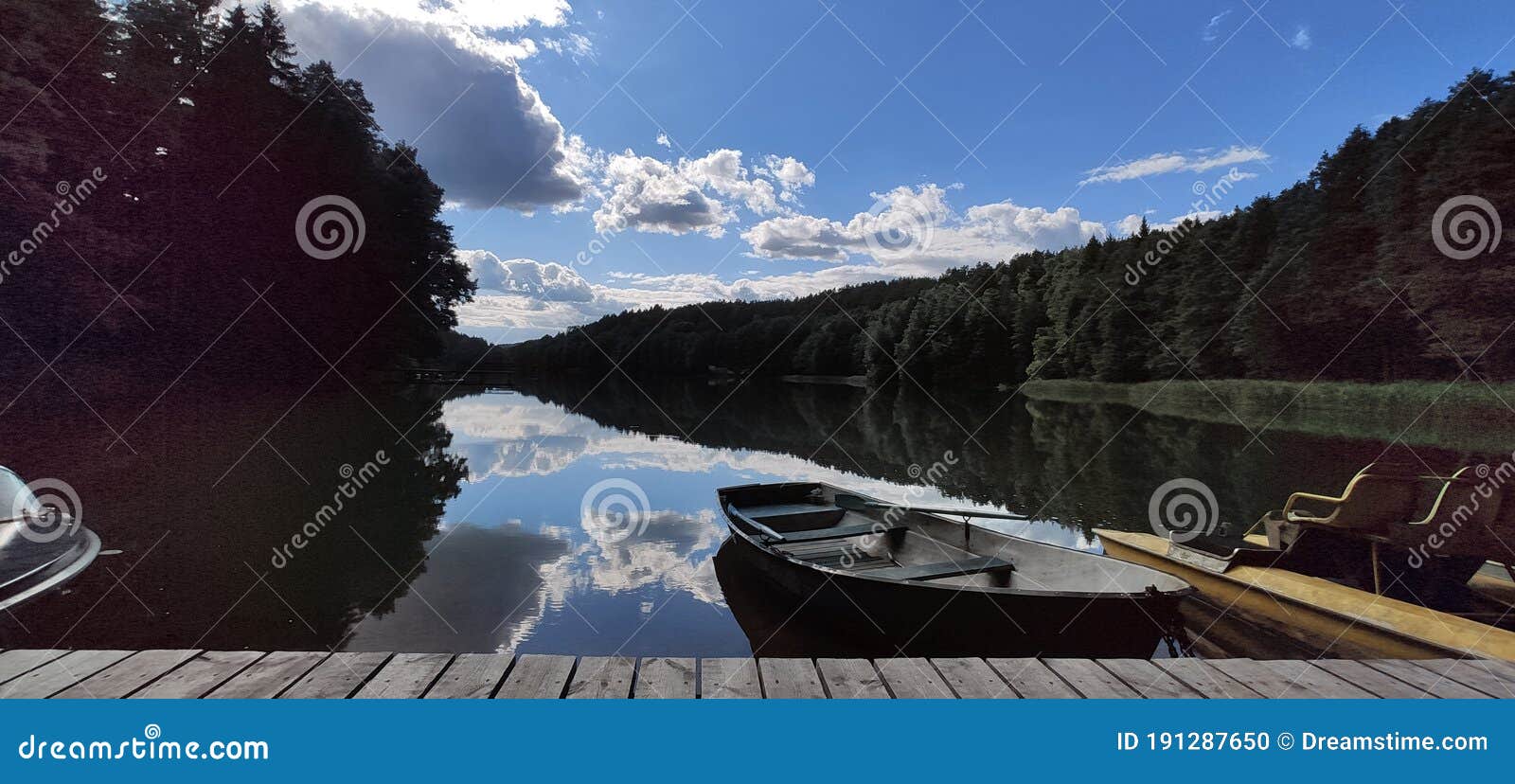 Sky Boat Shore Lake Reflection Cloud Tree Forest Boat Water Lake Stock ...