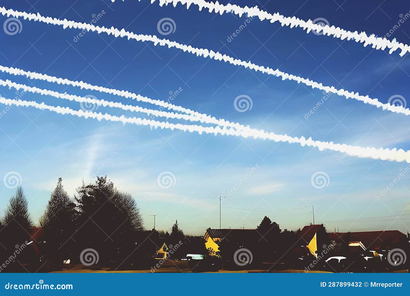 Sky Chemtrails Over Village . AI Generated Stock Illustration ...