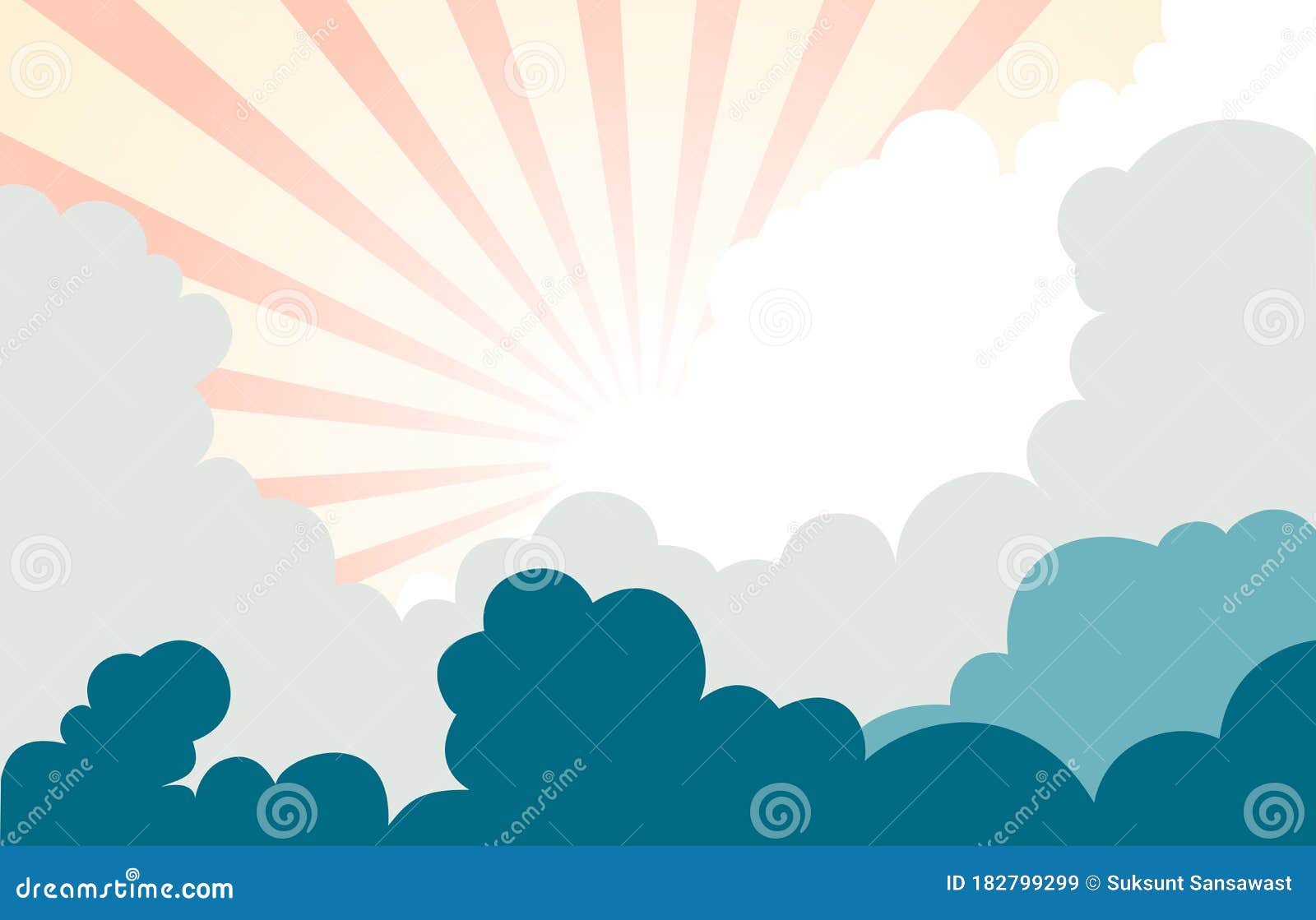 Sky with Clouds and Sun Rays. Blue Cloud and Red Sun Ray. Stock Vector ...