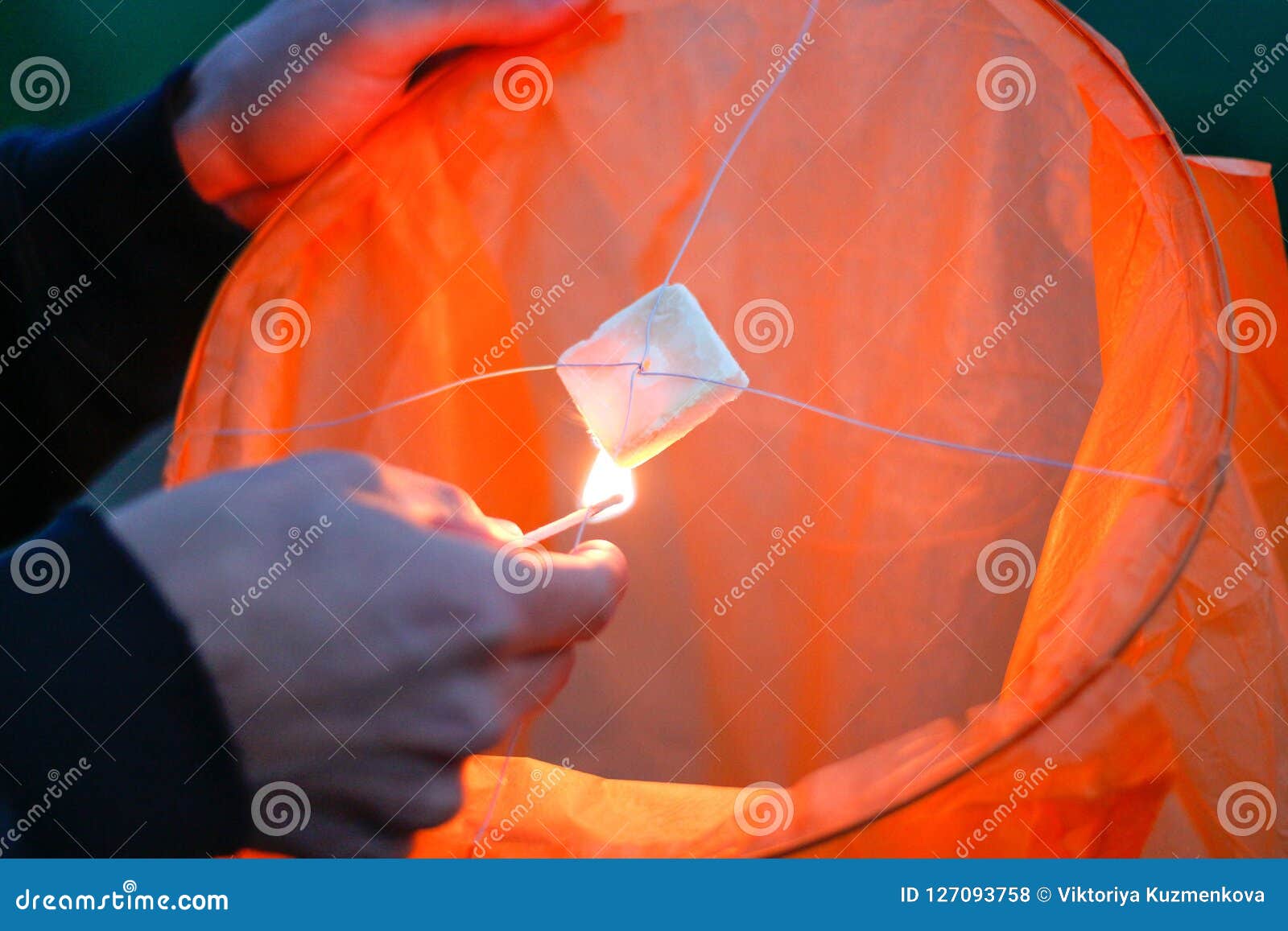 Sky Lantern with Burning Fire. Blue Sky Stock Photo - Image of light ...
