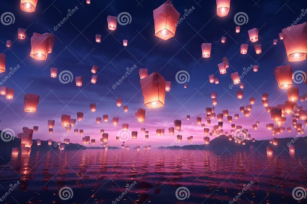 Sky Lanterns of Support Lanterns Released into Stock Illustration - Illustration of star ...