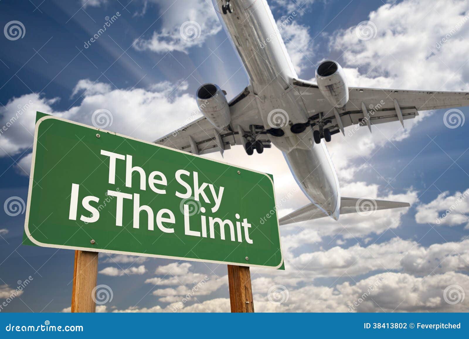 The Sky is the Limit Green Road Sign and Airplane Stock Photo - Image ...