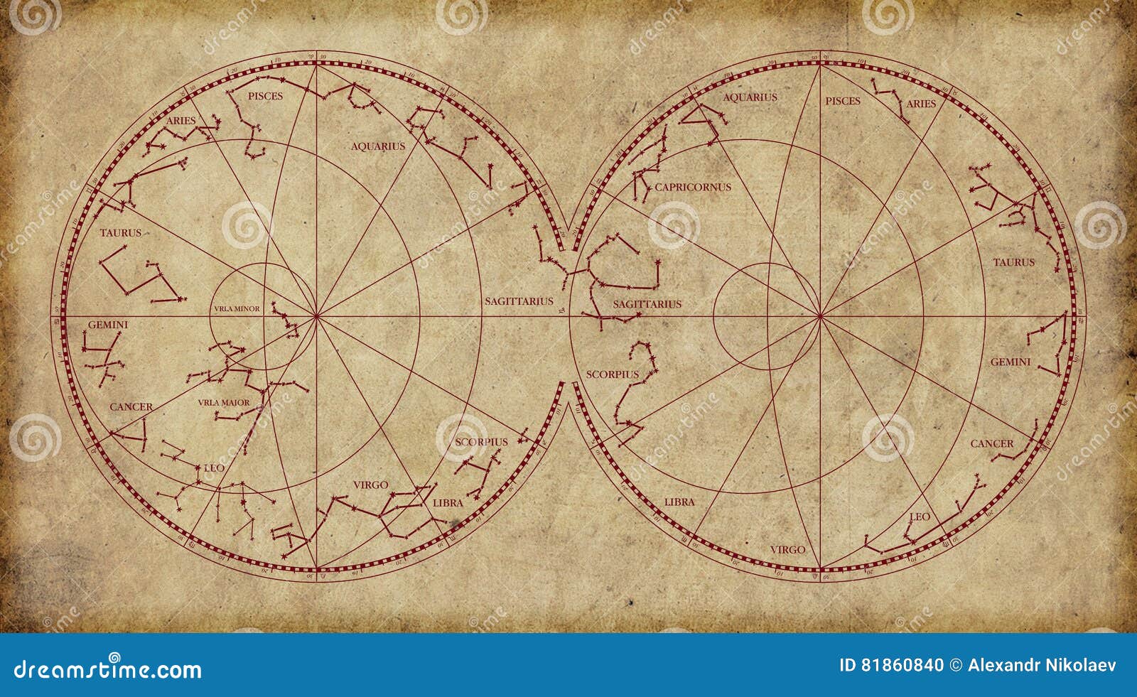 Sky Map Depicting Constellations and Zodiac Signs. Stock Photo - Image ...