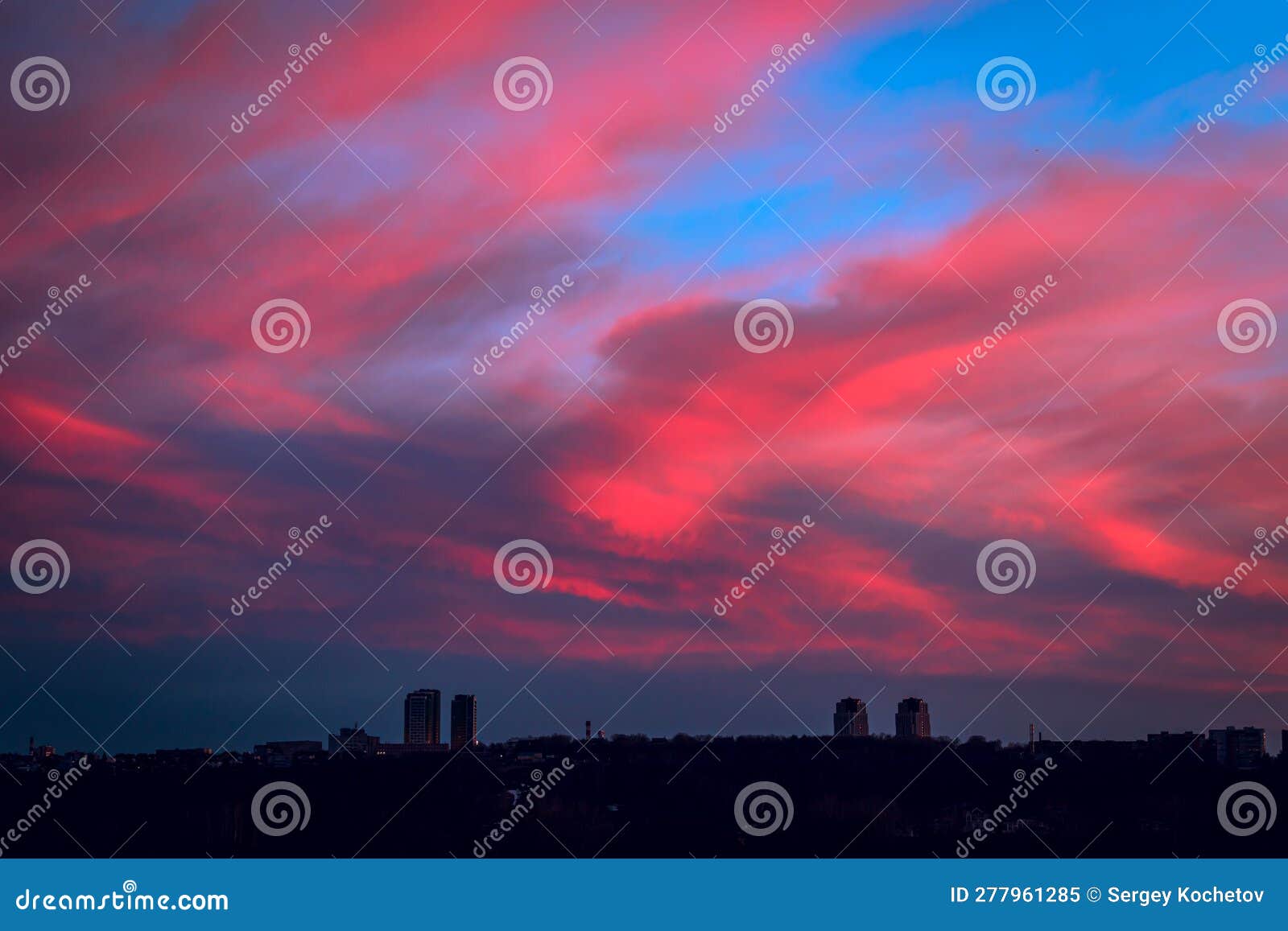 Sky Over City at Night with Red Dramatic Clouds. Stock Image - Image of ...