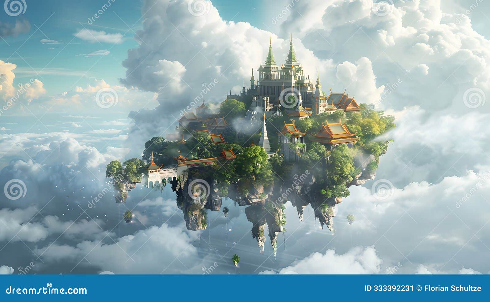 Sky Palace on a Cloud Island Stock Illustration - Illustration of magic ...