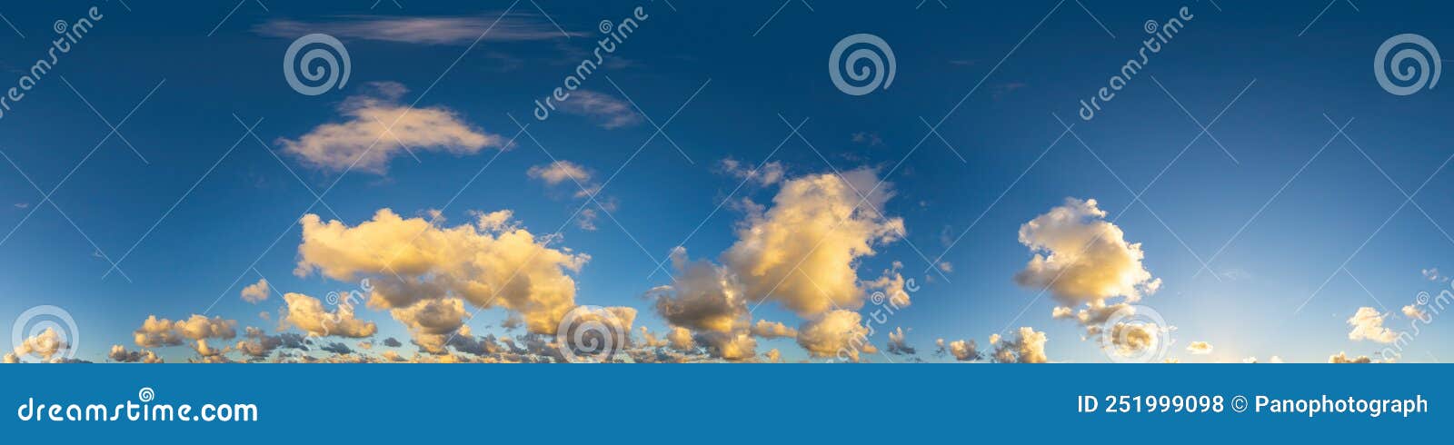 Dark Blue Sunset Sky Panorama with Cumulus Clouds. Seamless Hdr Pano in ...