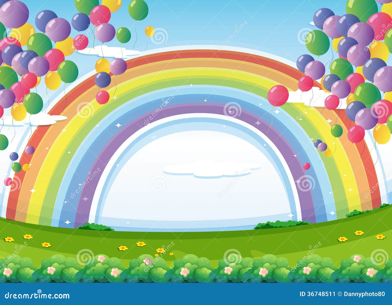 A Sky with a Rainbow and Colorful Floating Balloons Stock Illustration ...