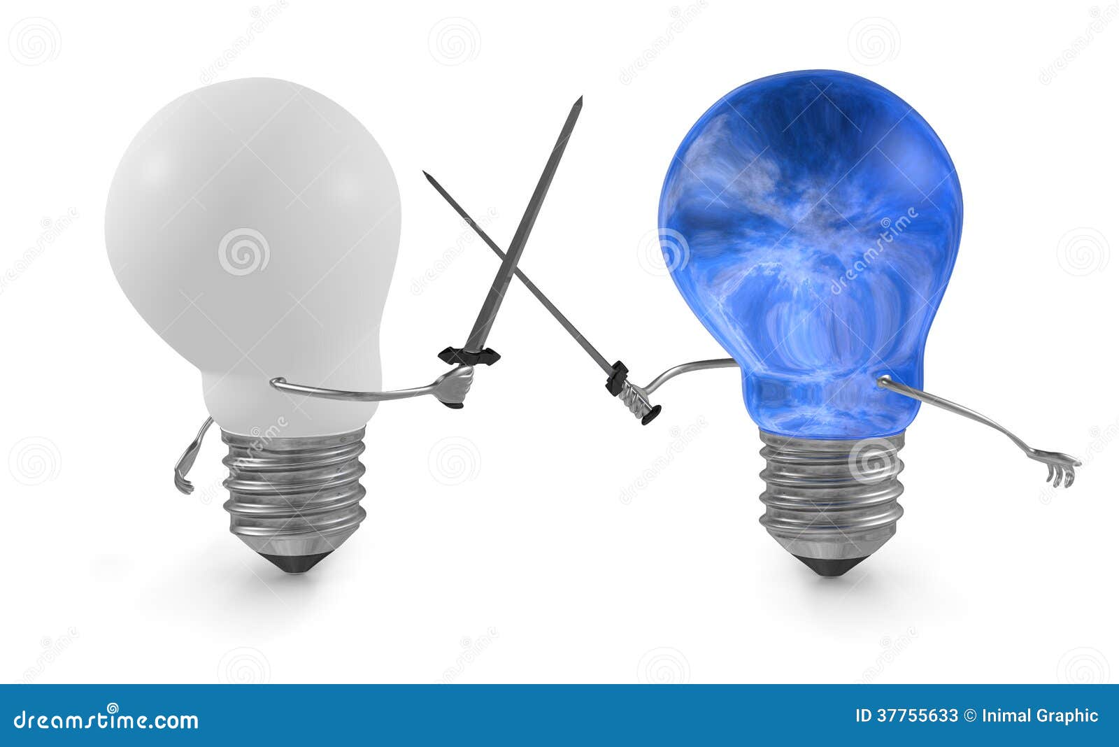 Sky-reflecting Light Bulb Fighting Duel with Swords Against White One ...