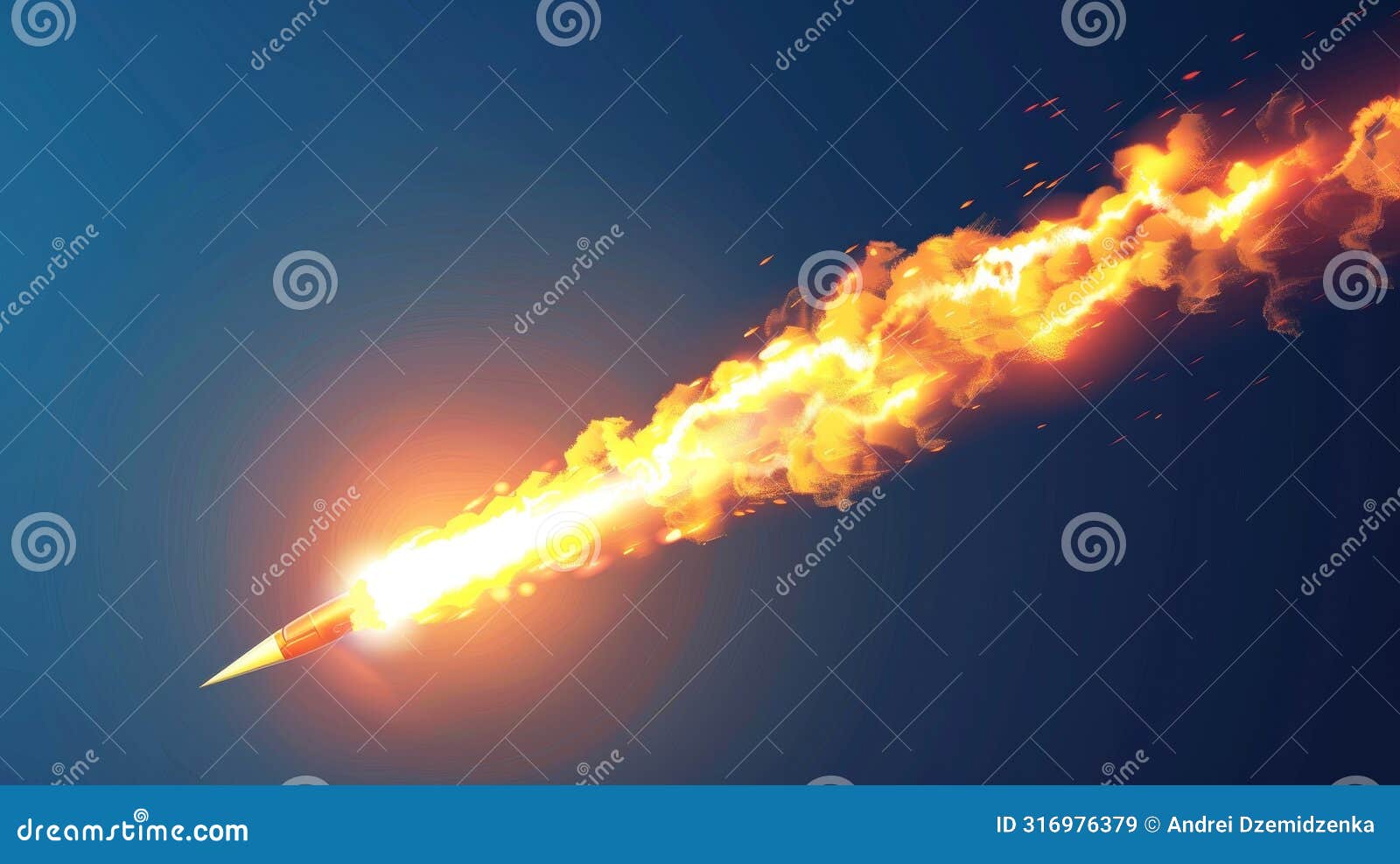 In the Sky, a Rocket Launch Smoke Trail with Fire Flame Modern Appears ...