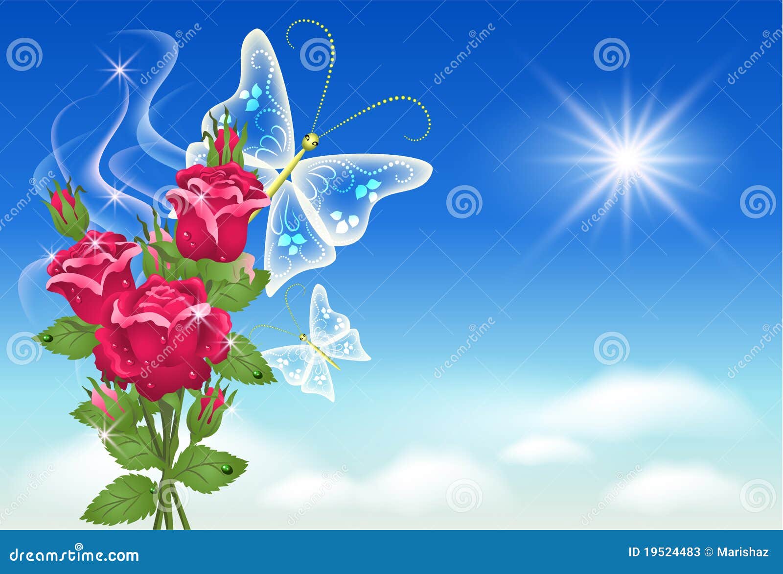Sky, roses, and butterfly. stock vector. Illustration of bright - 19524483