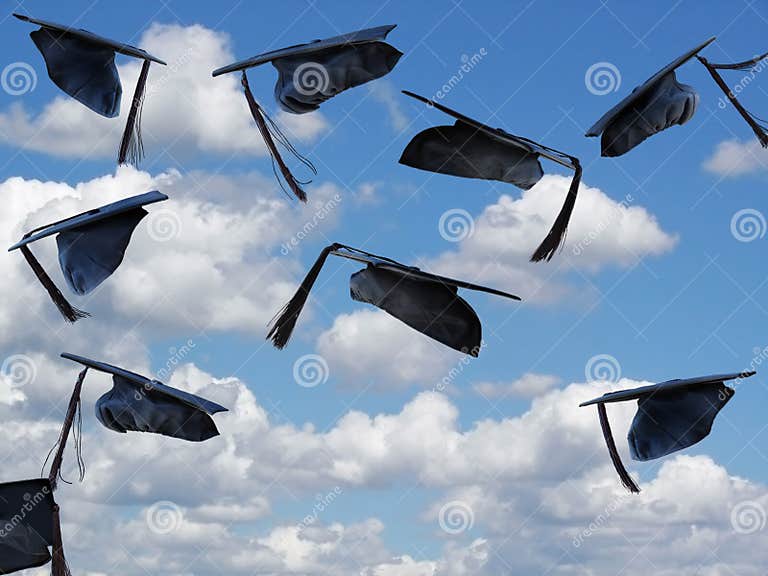 Airborne Black Graduation Caps in Summer Sky Stock Image - Image of ...