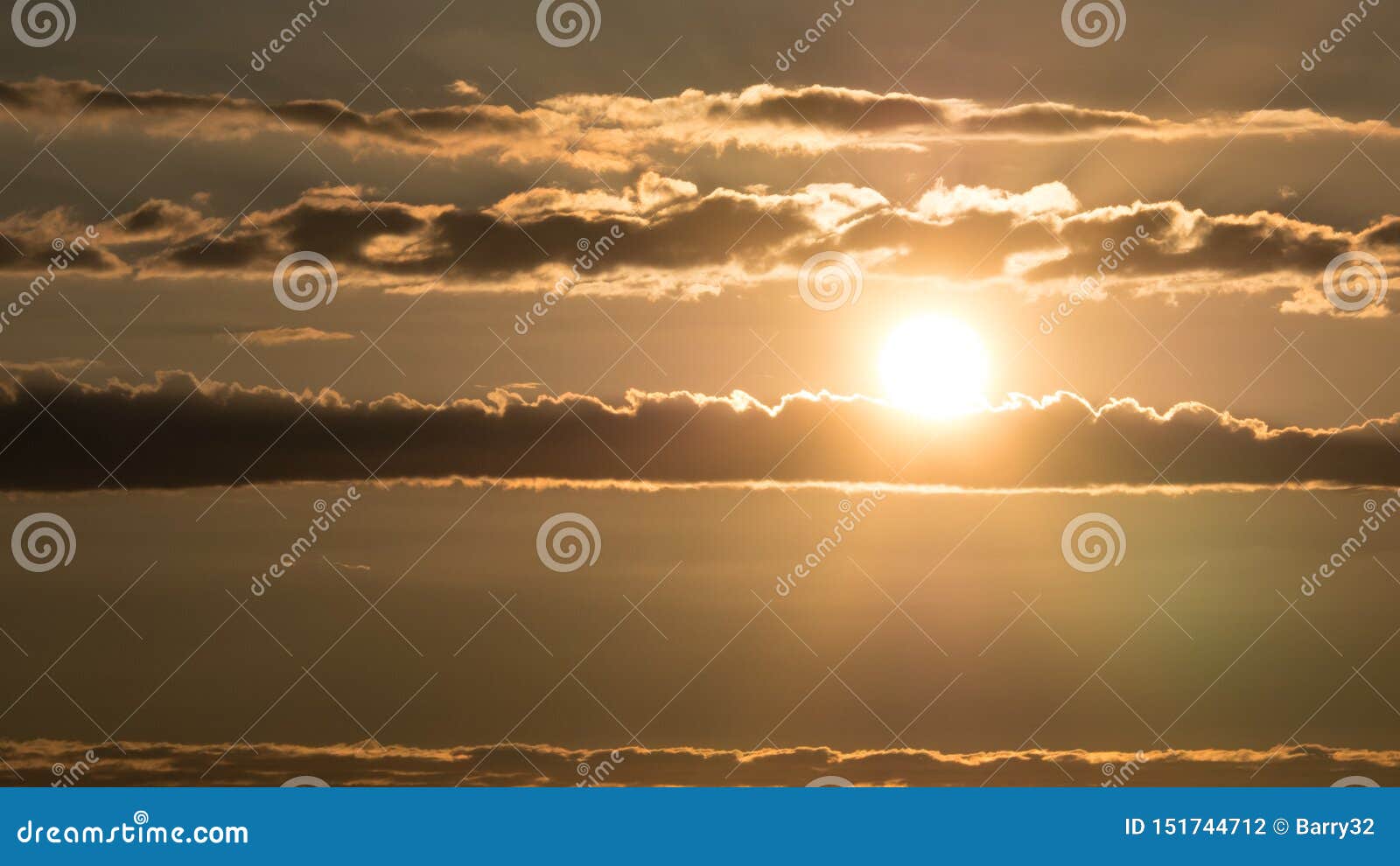 Sky at Sunset with Horizontal Clouds and Bright Sun Shining Stock Photo ...