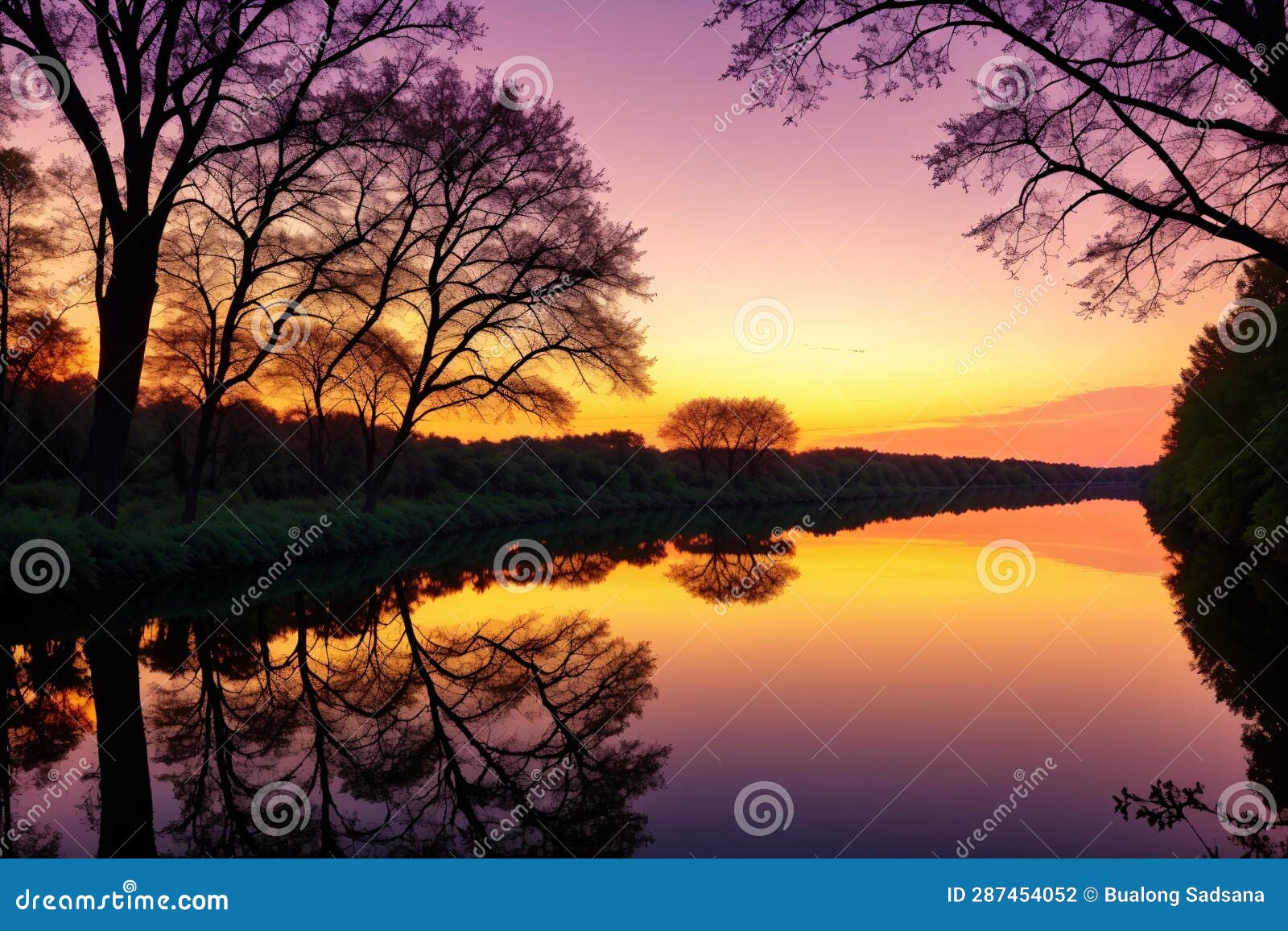 The Sky and Trees are Reflected in the River. Stock Illustration ...