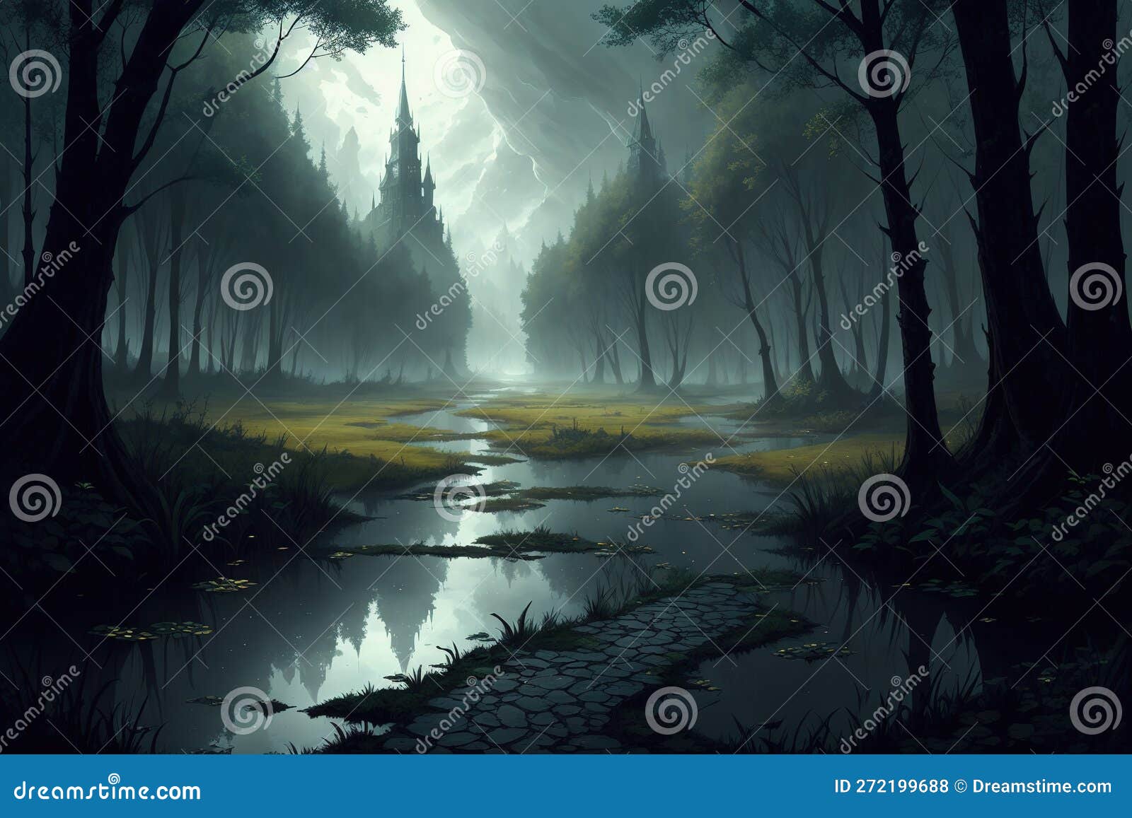 Sky View, Horizon, a Path in a Dark Swamp Stock Illustration ...
